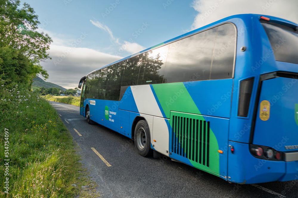 Burren, Ireland - 06.22.2022: Blue passenger bus with TFI Transport for ...