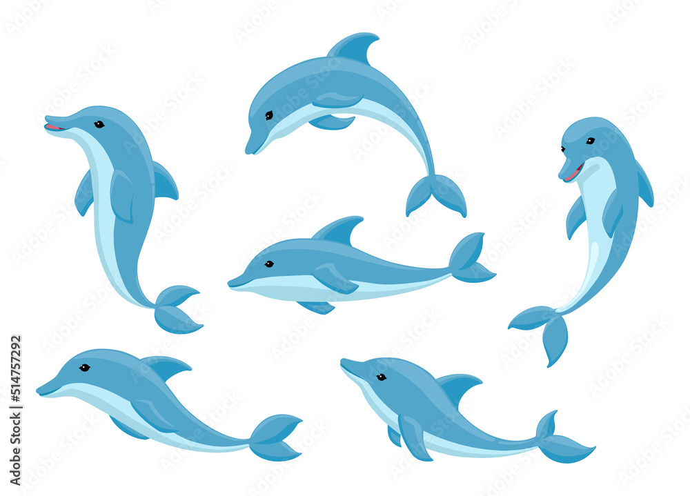 Cute cartoon dolphin collection. Flat vector illustration set of ...