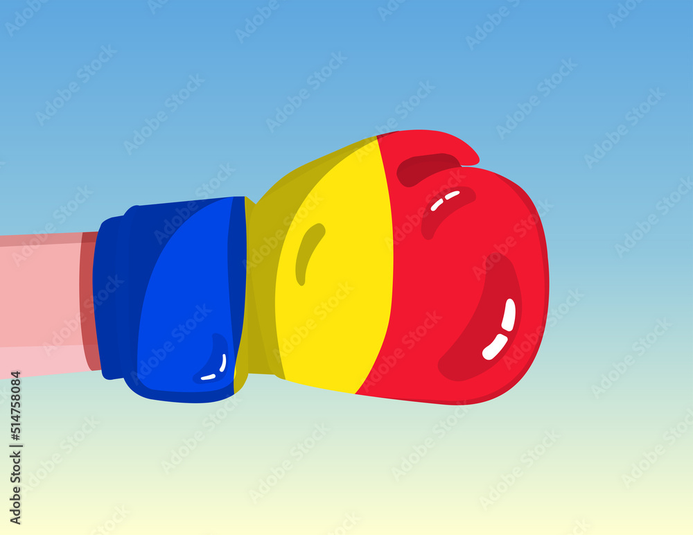Flag of Romania on boxing glove. Confrontation between countries with ...