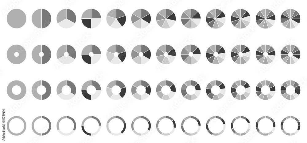 Circle pie charts. Round diagram. 2,3,4,5,6,7,8,9,10,11,12 sections or ...
