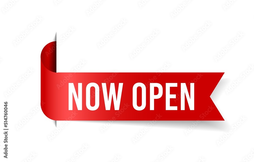 Now open tag. Glossy red ribbon. Vector grand opening flyer. Stock ...