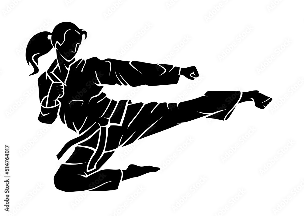 Female Flying Kick, Karate or Taekwondo Contact Sport Silhouette Stock ...