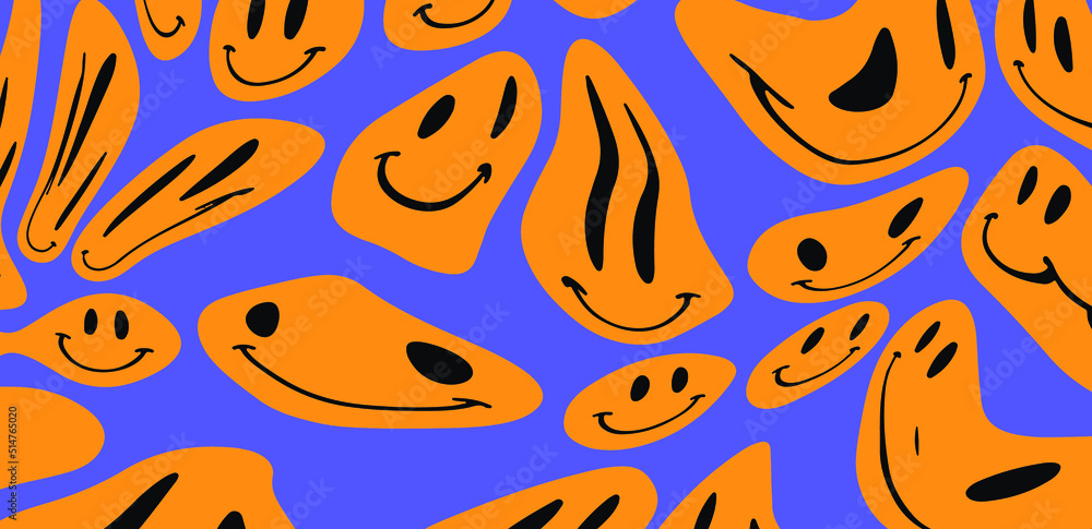 Trippy psychedelic background with melting happy faces. Dripping ...