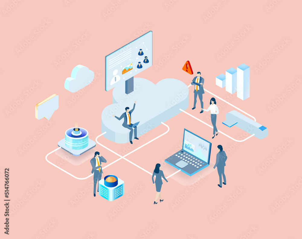 Isometric 3D business concept environment, Business people working in ...