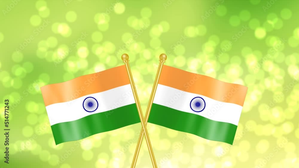 Two crossed Indian flag waving on green blur background with floating ...