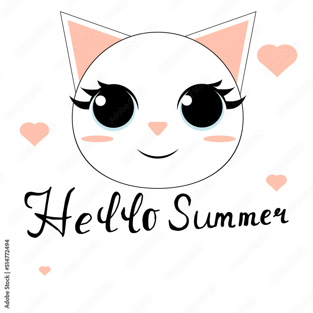 Hello summer- isolated vector handdrawn lettering with cute cat clip ...