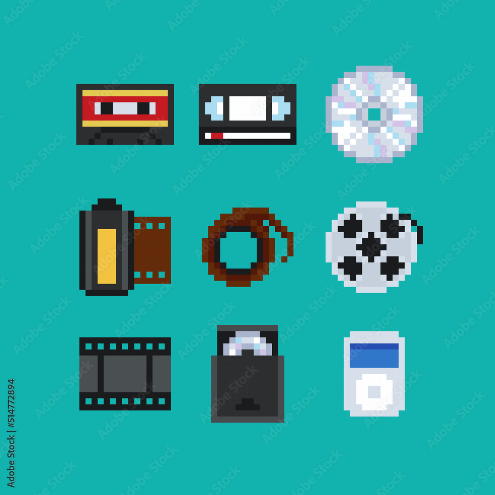 Pixel art vector illustration set - audio compact cassette, video tape ...