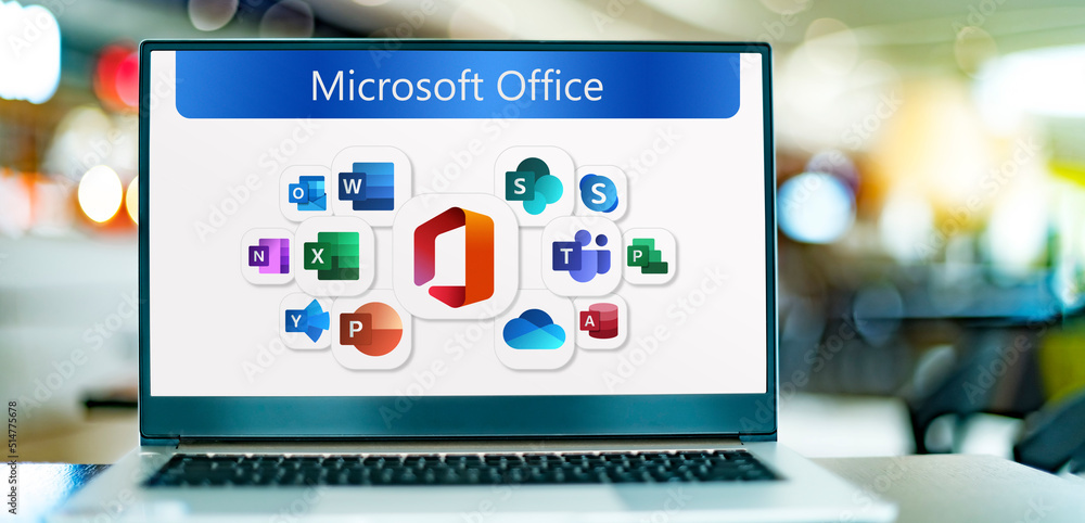 Laptop computer displaying logos of Microsoft Office Stock Photo ...
