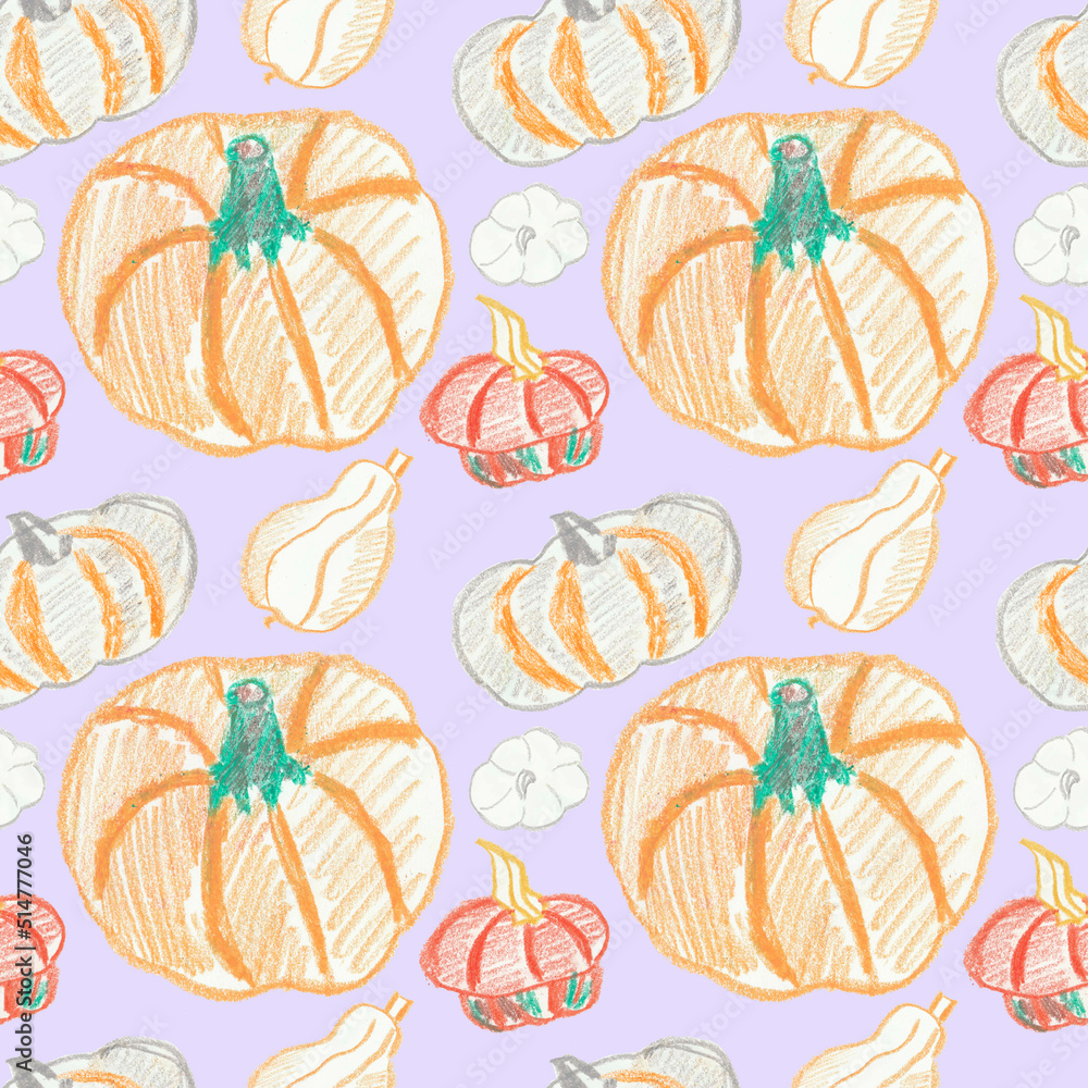 Seamless pattern with pumpkins drawn in wax crayons on a purple ...