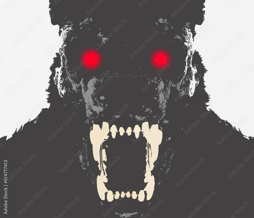 Illustration of a Werewolf Dogman cryptid with red eyes against a white ...