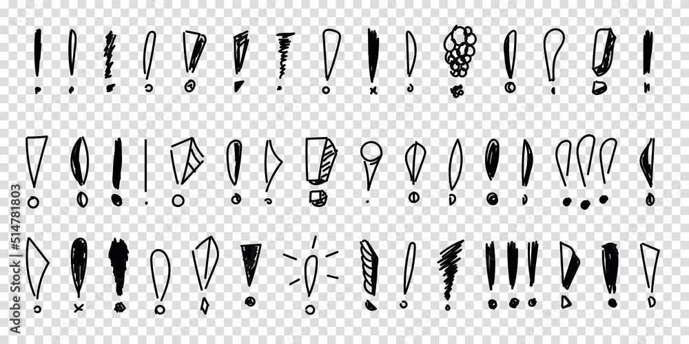 Set of hand drawn exclamation marks. Pencil and ink various scattered ...