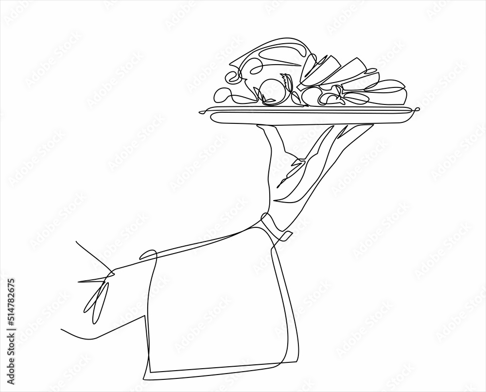 meat with vegetables dish. Vegetable salad.One continuous line drawing ...