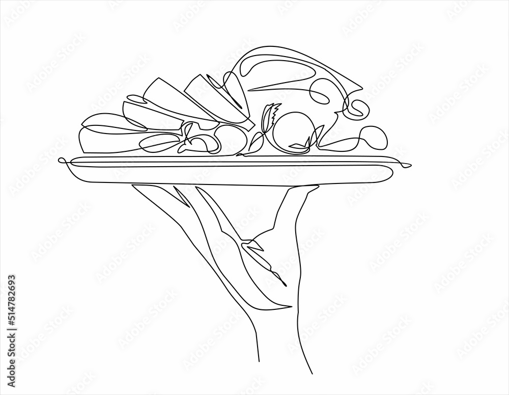 meat with vegetables dish. Vegetable salad.One continuous line drawing ...