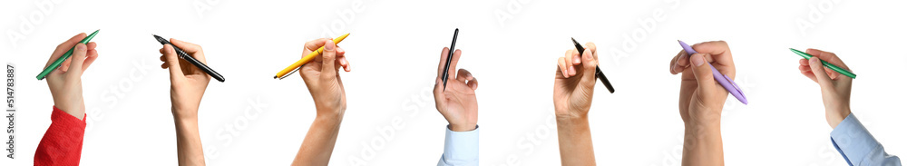 Collage with photos of people holding pens on white background. Banner ...