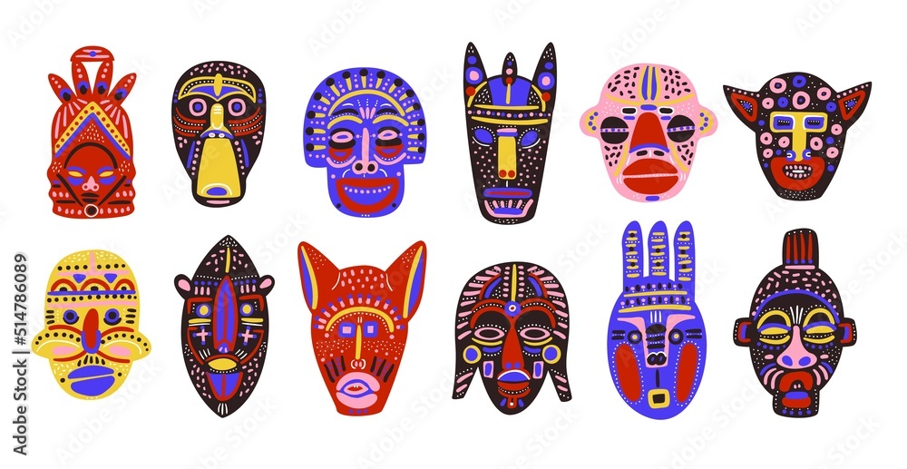 African masks. Tribal ethnic decorative faces. Traditional warrior ...