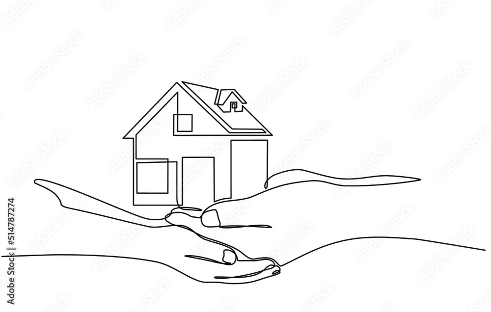 Continuous one line drawing of a hands holding a miniature house. Hand ...