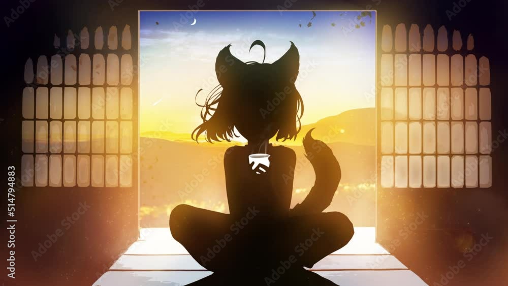 cute cat girl in anime style with ears and a tail, She is drinking ...