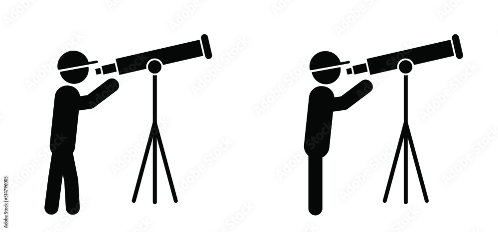 Cartoon stickman, stick figure man looking through telescope to the ...