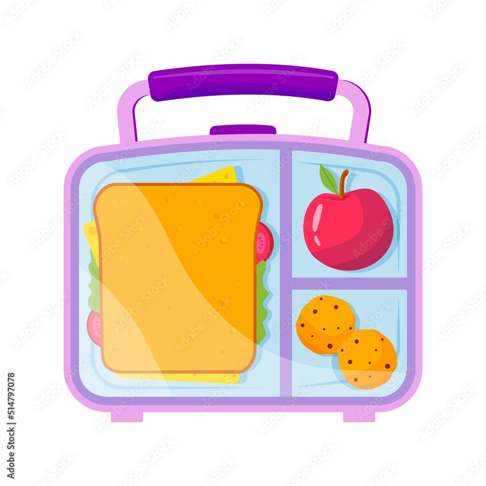 Lunch Box with school lunch, apple, sandwich, and cookies. Healthy Food ...