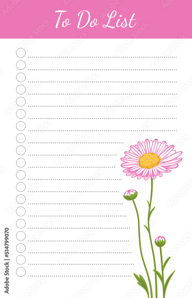 Daily planner, note paper, to do list, template decorated with flower ...