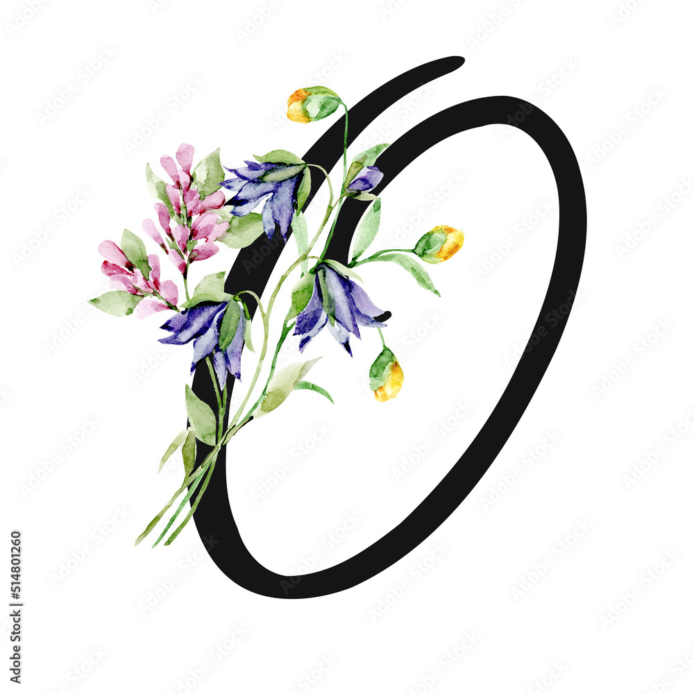 Floral alphabet, letter O with watercolor flowers and leaf. Monogram ...