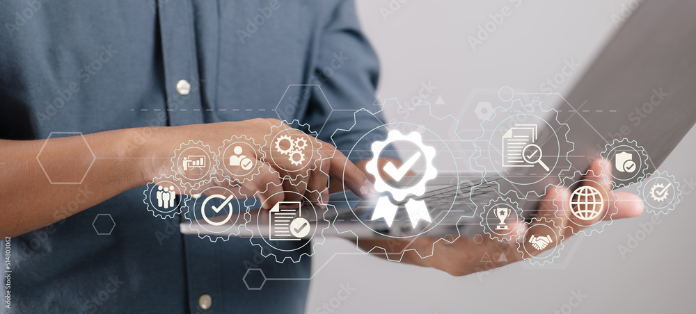 Quality control concept based on ISO standards, assurance warranty ...