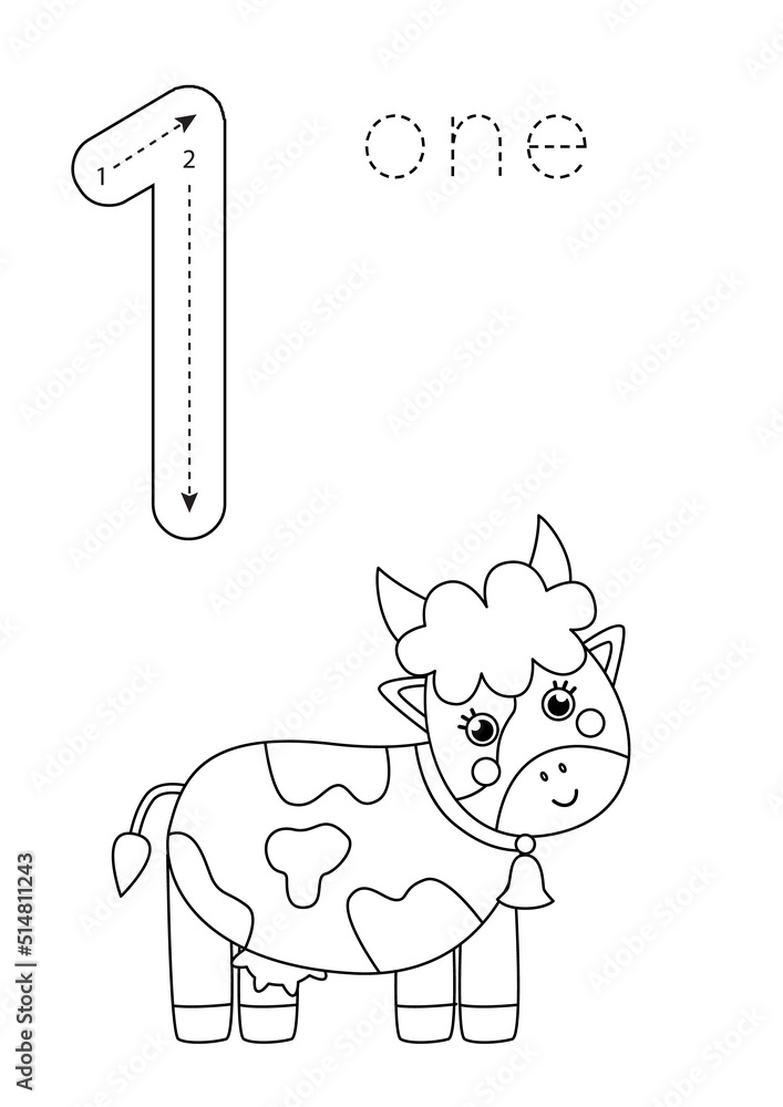 Flashcard number 1. Preschool worksheet. Black and white farm animals ...