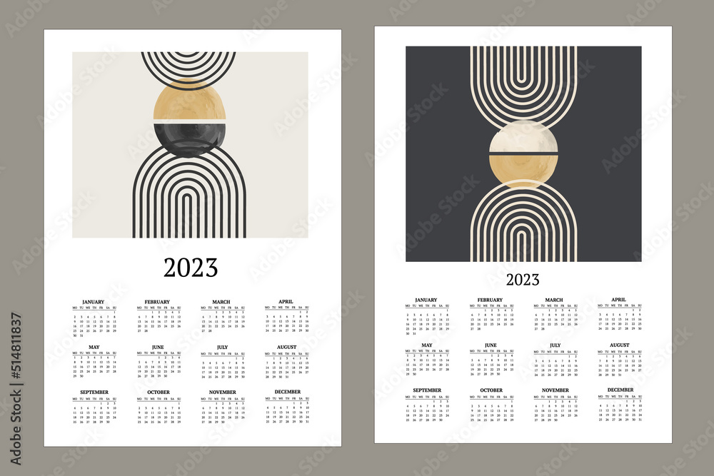 classic monthly calendar for 2023. Calendar with abstract shapes, black ...