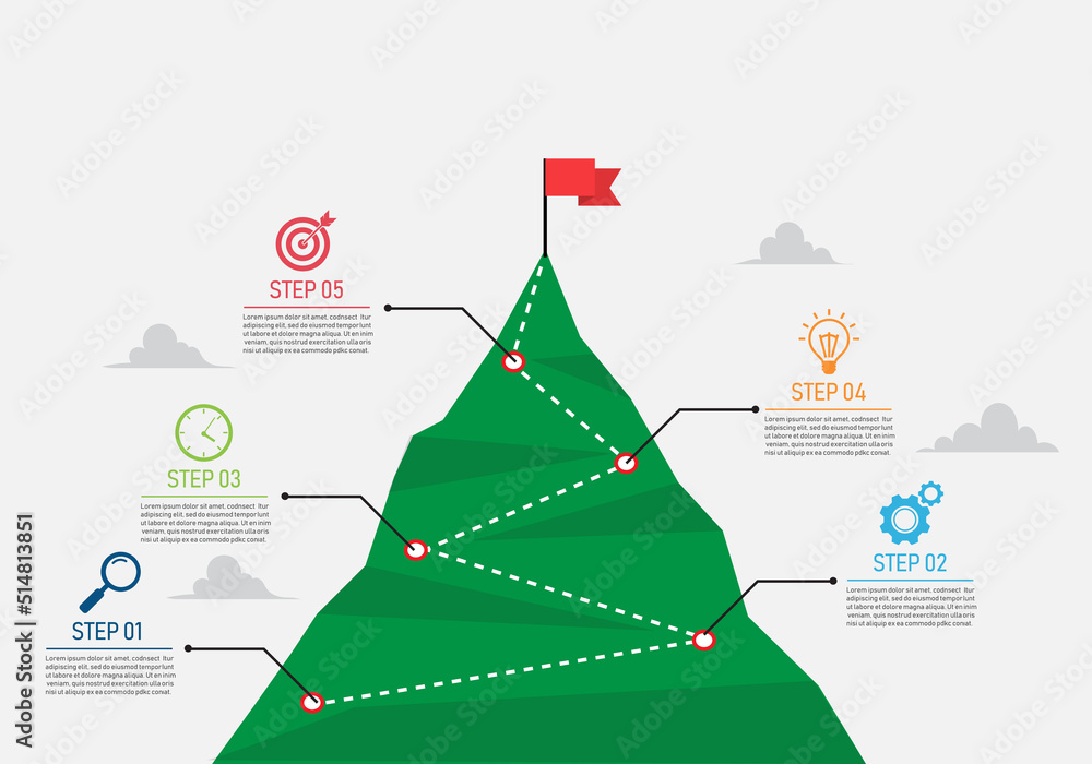 five step mountain infographic. Path to top peak of mountain. Business ...