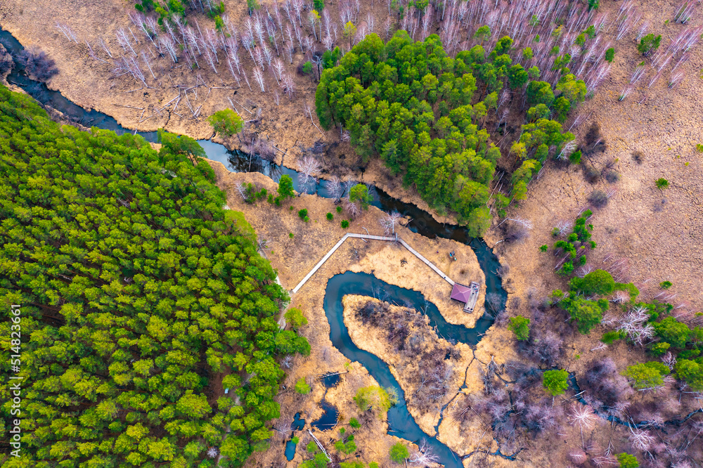 Aerial top down view plain river Psel during spring time. Beautiful ...