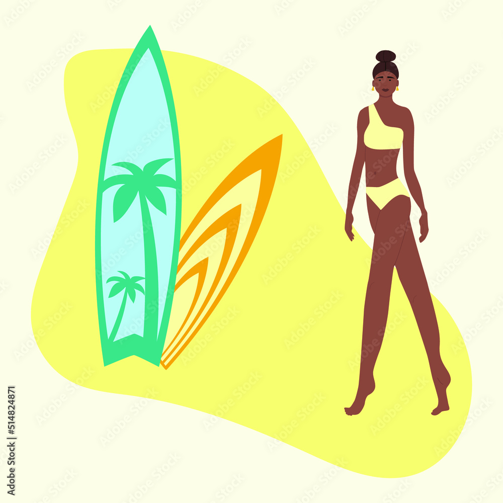 African American Woman In A Swimsuit On The Beach Girl Near The