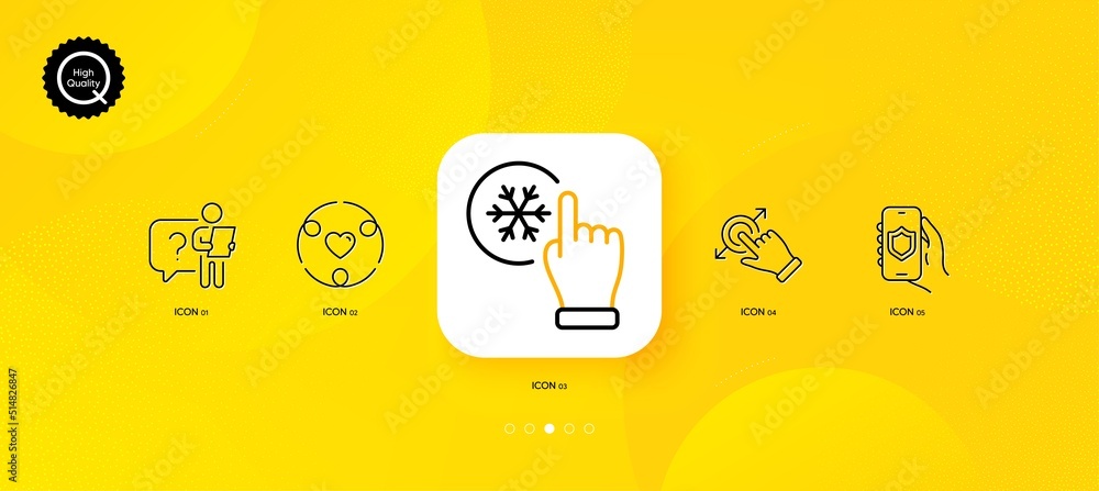 Security app, Freezing click and Inclusion minimal line icons. Yellow abstract background ...