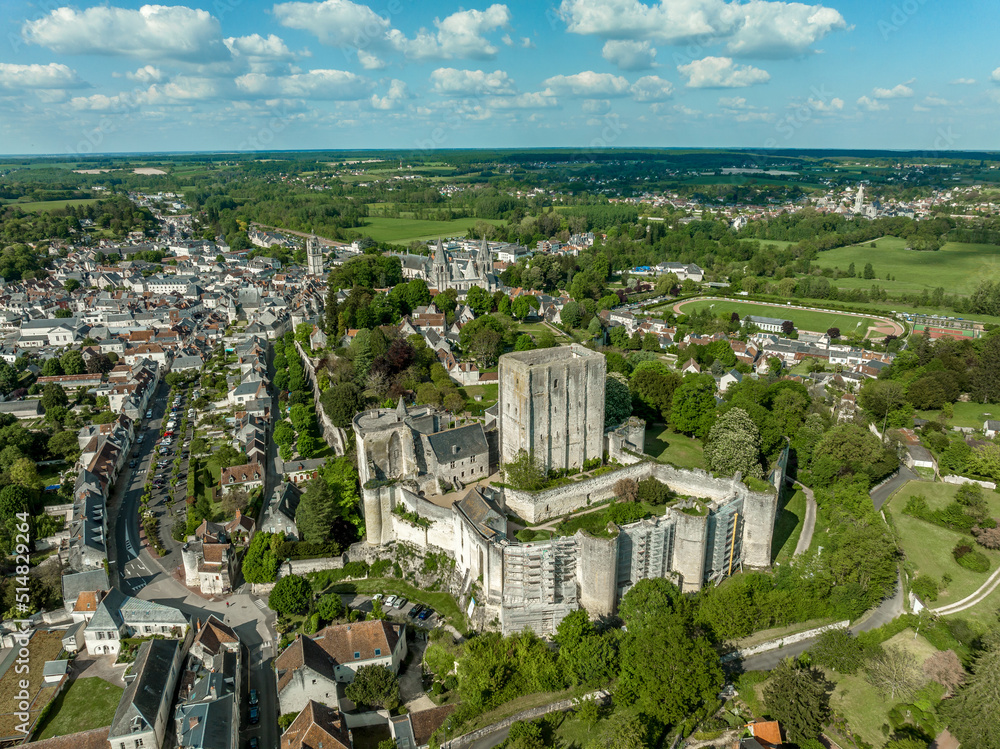 Aerial view of the ancient feudal stronghold of Loches castle with ...