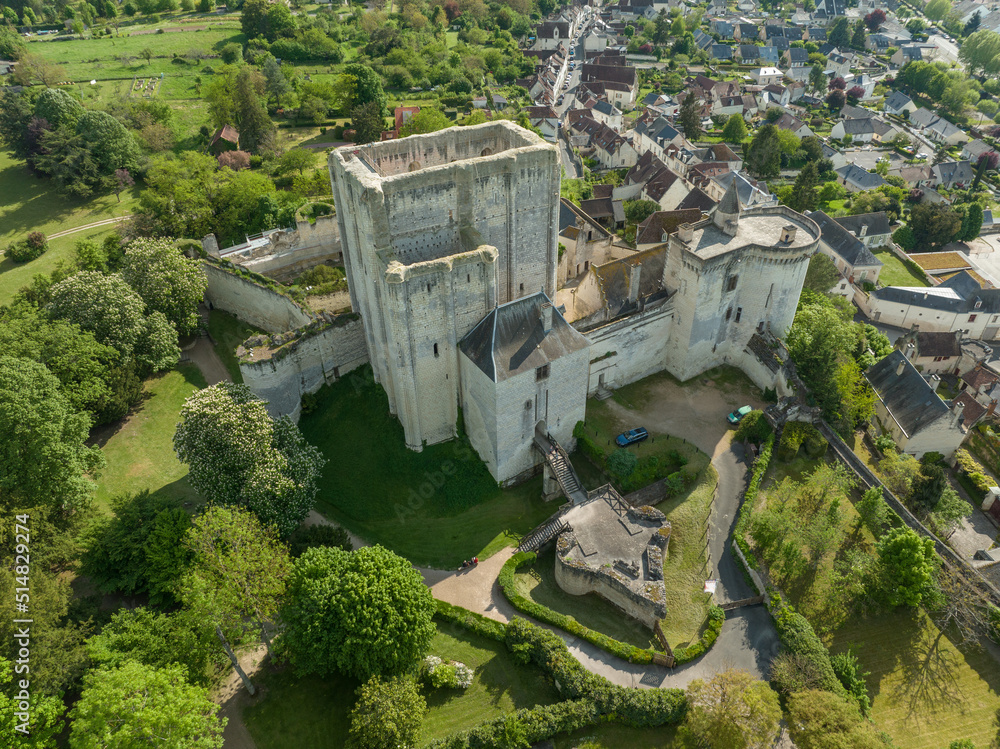 Aerial view of the ancient feudal stronghold of Loches castle with ...