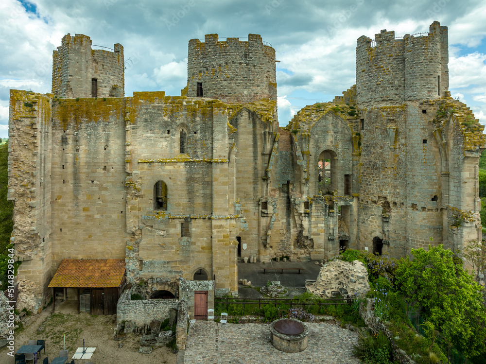 Aerial view of Bourbon-L'Archambault castle of the royal family ruined ...
