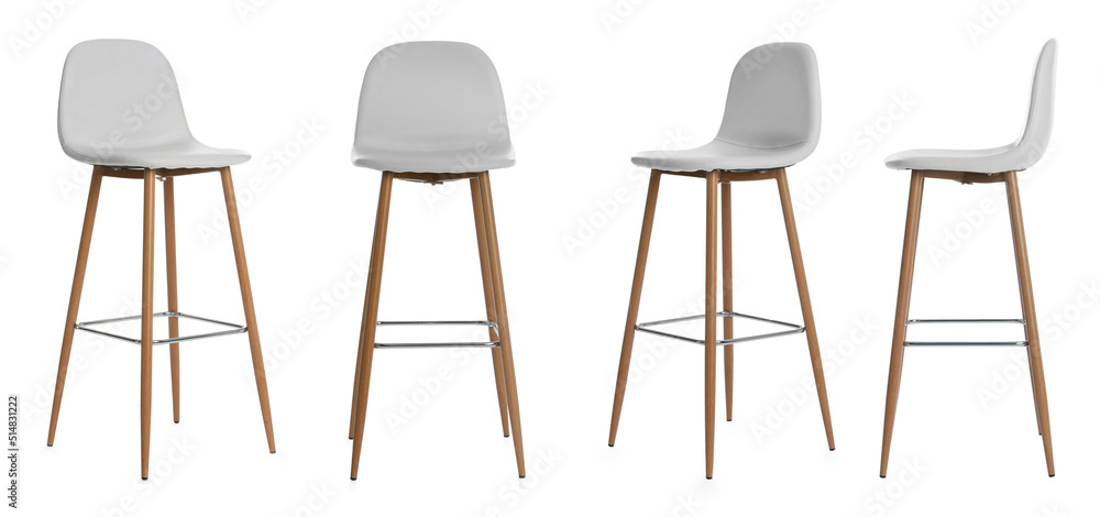 Set with stylish bar stools on white background. Banner design Stock ...