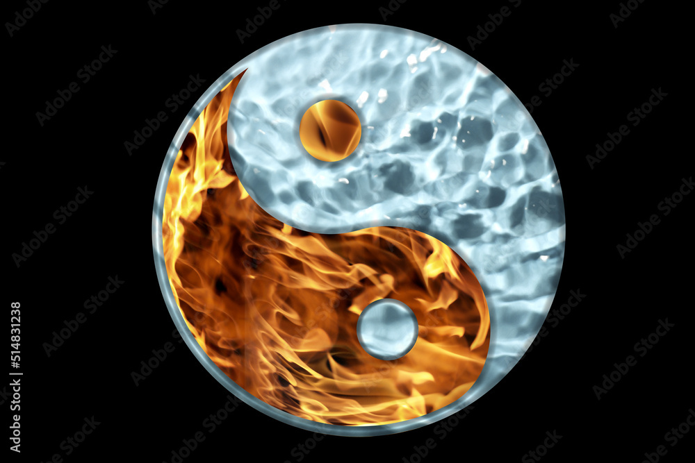 Fire and water resembling Yin Yang symbol on black background. Feng ...