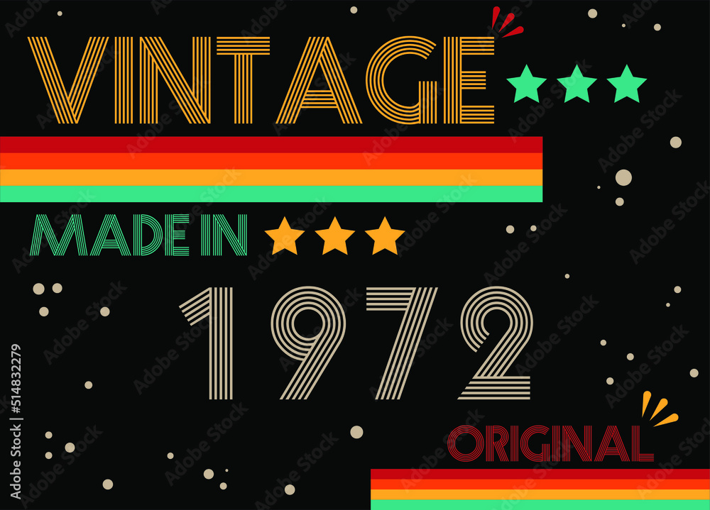 Vintage made in 1972 original retro font. Vector with birthday year on ...