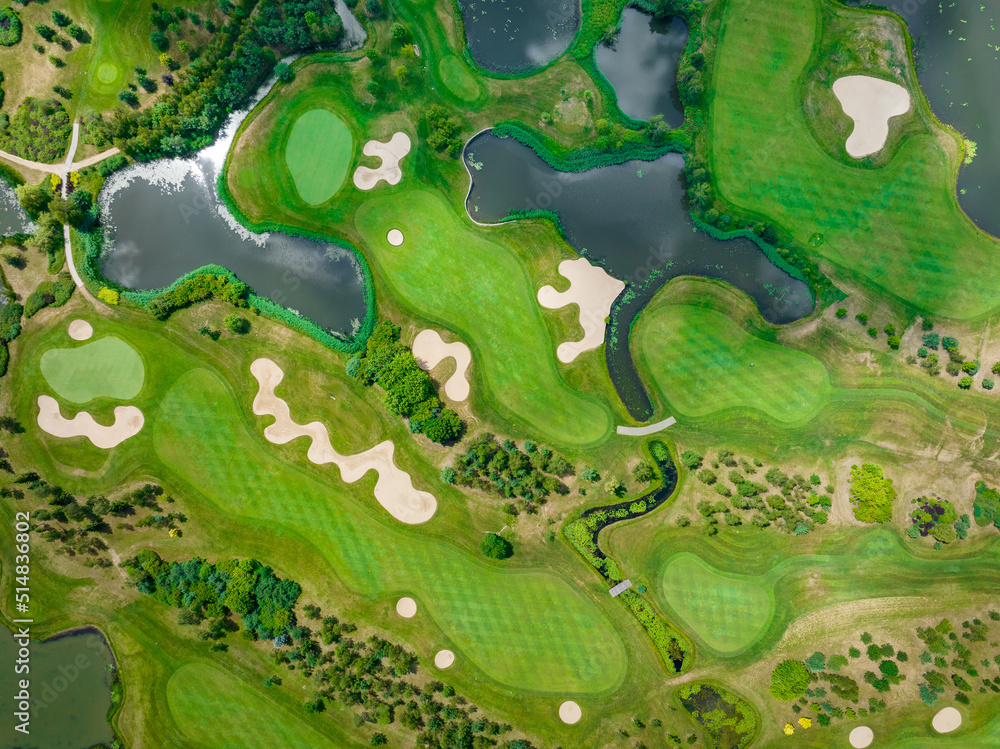 Golf Field Background. Aerial view of green grass and trees on a golf ...