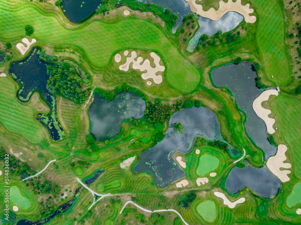 Golf Field Background. Aerial view of green grass and trees on a golf ...