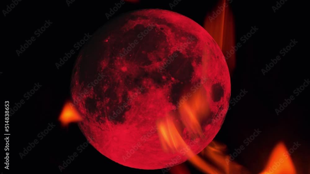 Burning fire flames against evil red full moon aka blood moon as ...