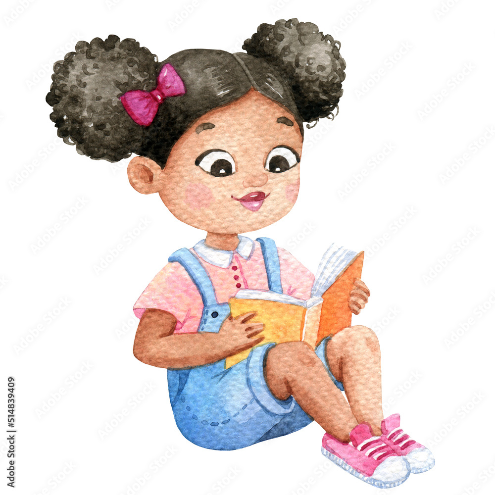 Watercolor girl, cute little girl reading a book Stock Illustration ...