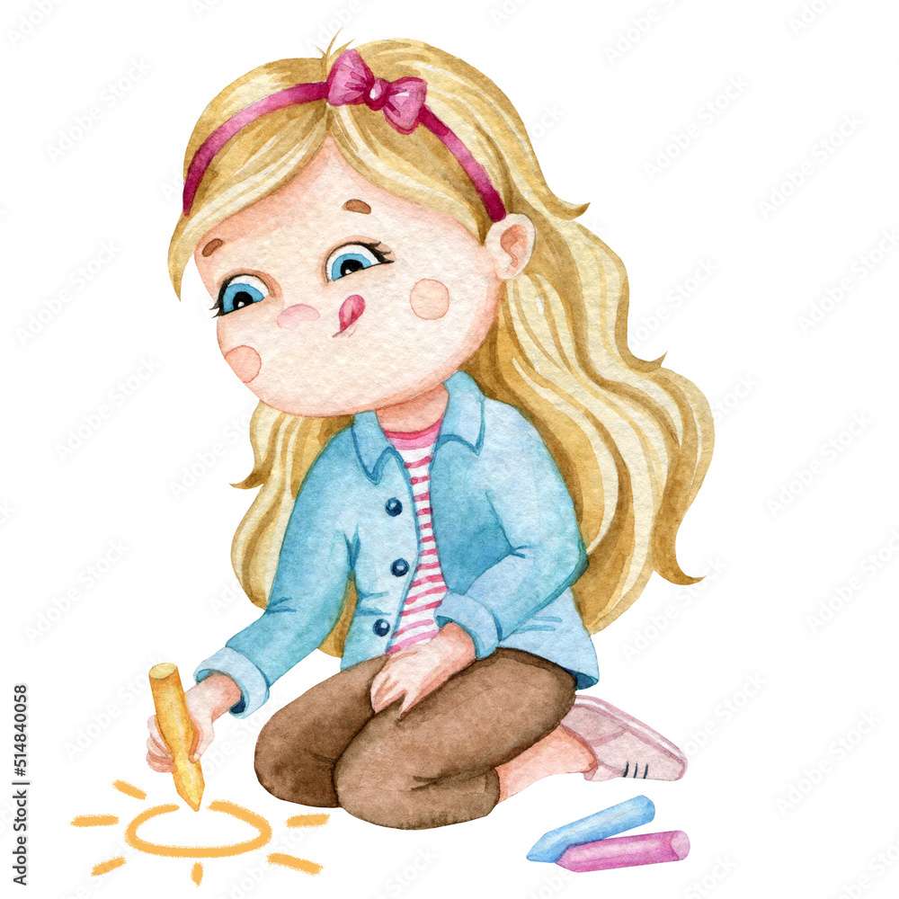 Watercolor kid, playing kid, primary school kid, cute girl drawing ...