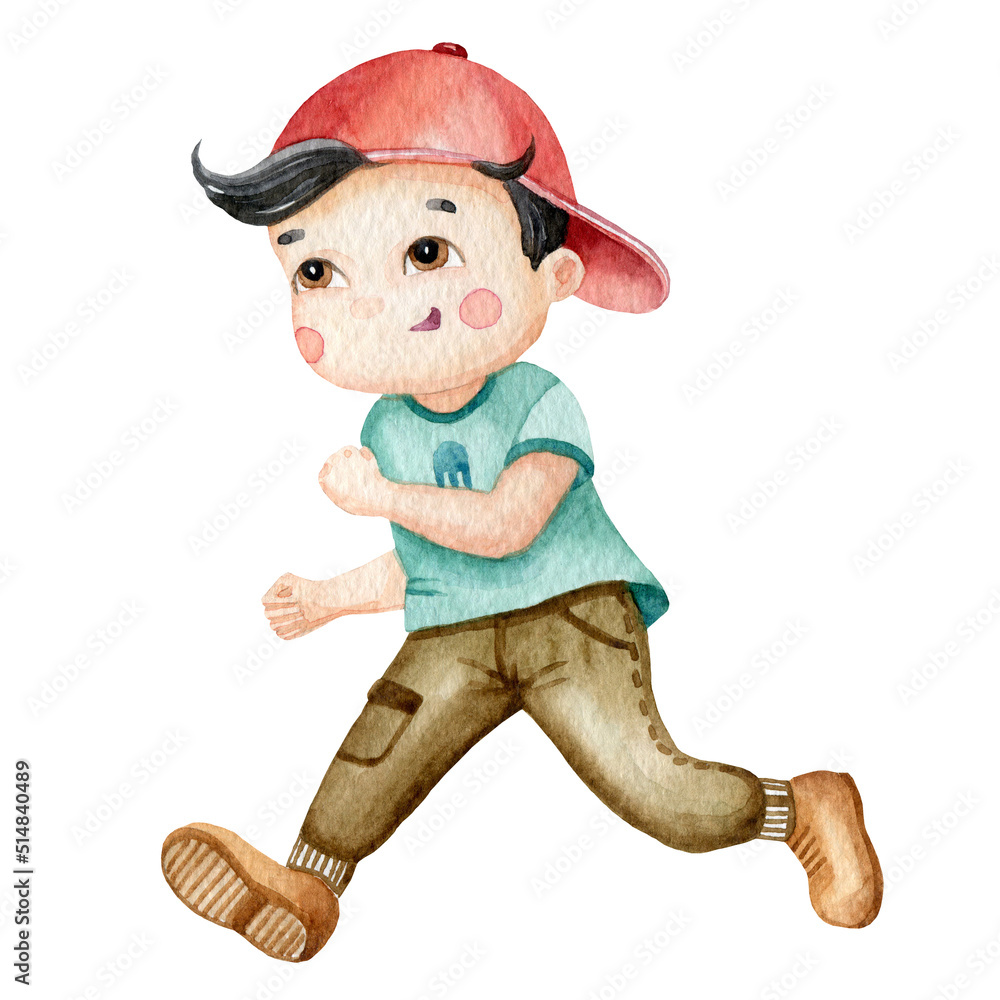 Watercolor kid, playing kid, primary school kid, cute boy running Stock ...