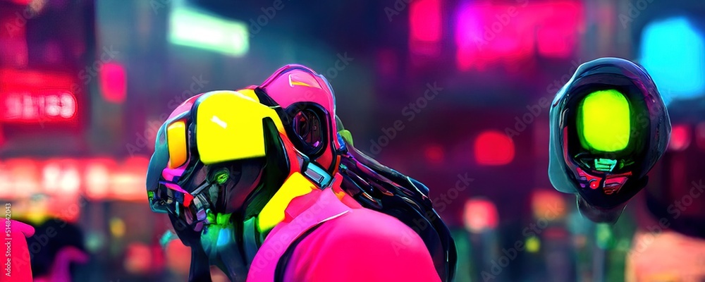 A cyborg with a glowing face-screen looks directly into the background ...