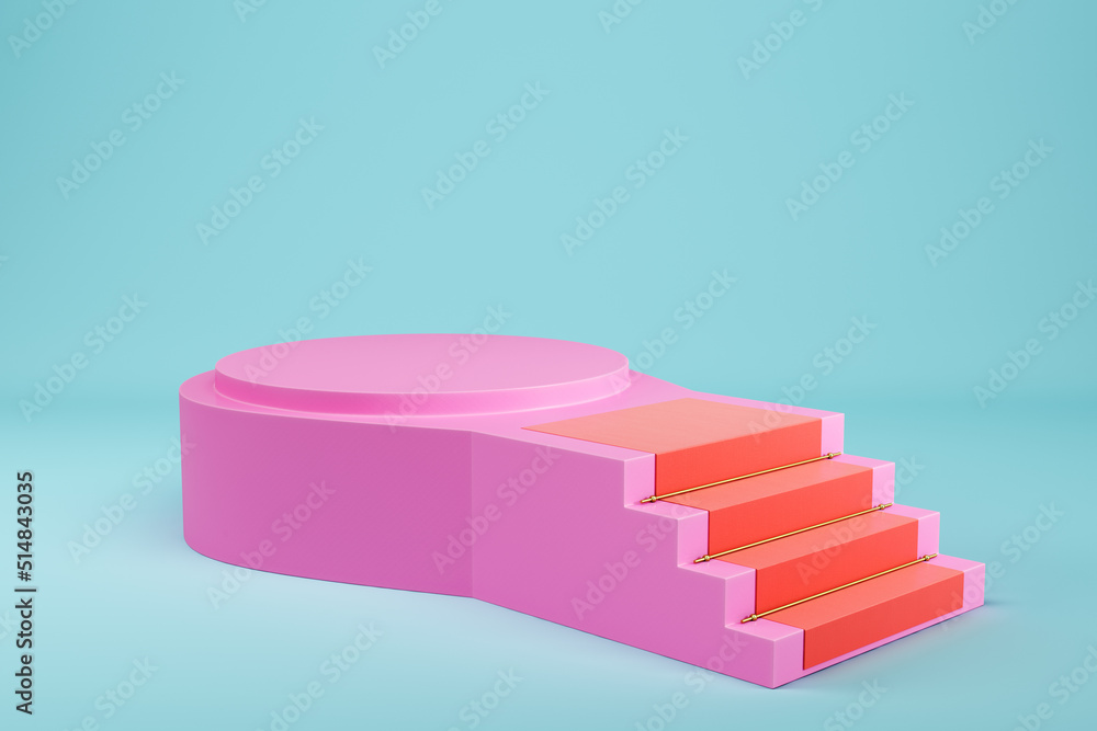 Pink stairs with red carpet on light blue background for product ...