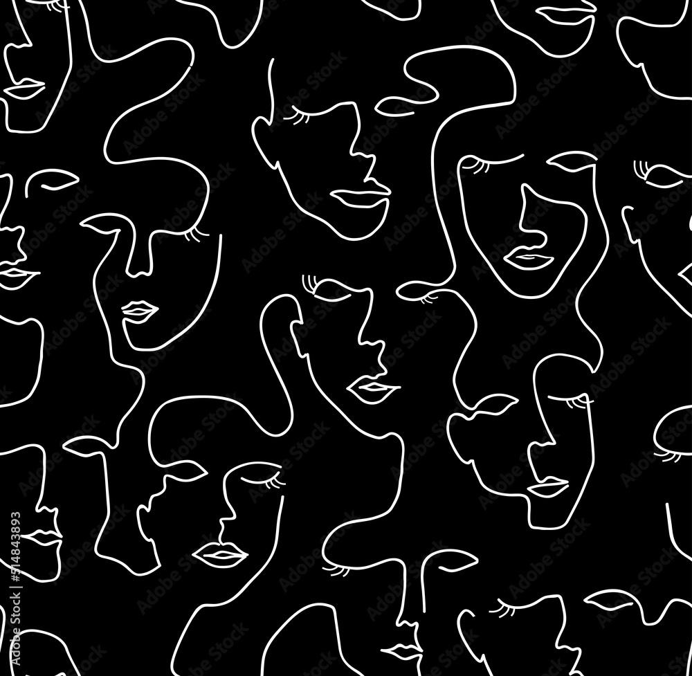 Continuous Line Faces Seamless Pattern, Single Line Art Female Face ...