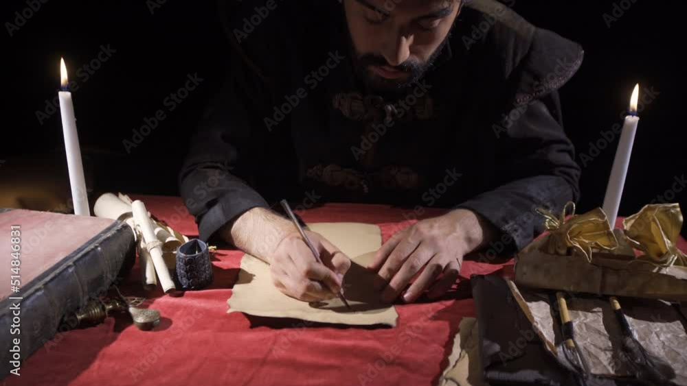 Historical English Alphabet. Medieval man writing letters using the ...