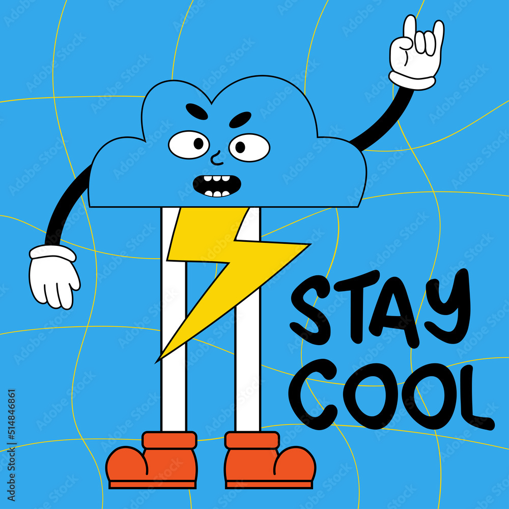 Funny cartoon character with funny face. Groovy element funky cloud ...