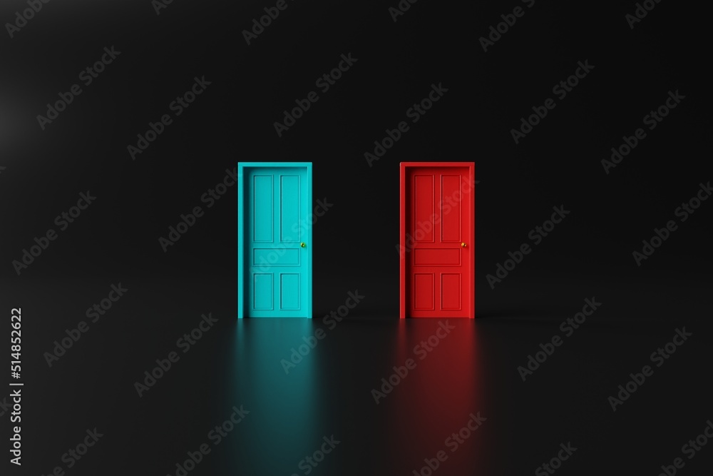 Two closed doors blue and red on the background. The concept of making ...